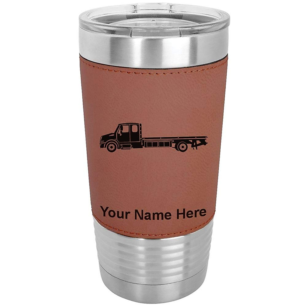 LaserGram 20oz Vacuum Insulated Tumbler Mug, Flat Bed Tow Truck, Personalized Engraving Included (Faux Leather, Dark Brown)