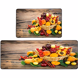 Fullentiart Kitchen Rugs and Mats,Comfort Kitchen Rugs Kitchen Rugs Non Skid Washable Rug Kitchen Floor Fresh Summer Fruits in The Basket 2 Pieces 17X48+17X24 Inches