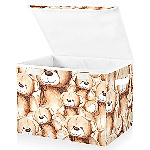 DOMIKING Lovely Teddy Bear Large Storage Bin with Lid Collapsible Shelf Baskets Box with Handles Closet Organizer for Clothes Toy Gift Storage