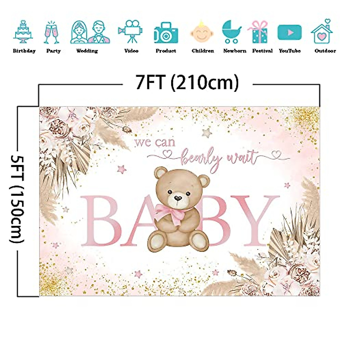 Mocsicka Girl Bear Baby Shower Backdrop Pink Boho Pampas Grass Baby Shower Background We Can Bearly Wait Baby Shower Party Cake Table Decoration Photo Booth Props (7x5ft)