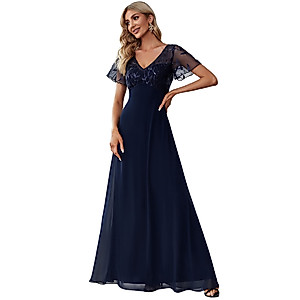 Ever-Pretty Women's Short Sleeve Sweetheart Illusion Wedding Party Maxi Dress Navy US14