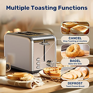 YSSOA Stainless Steel Toaster 2 Slice with Extra Wide Slot & Removable Crumb Tray, 6 Shade Settings and Bagel/Defrost/Cancel Functions, Compact Oven, for Various Bread & Waffle, Silver New