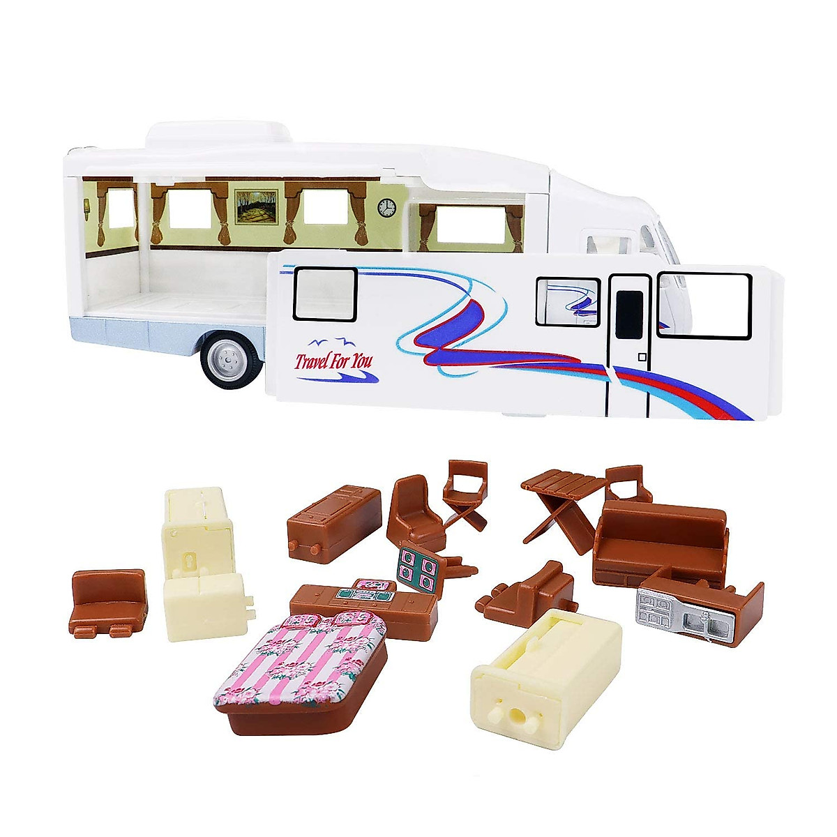 HAPTIME Cool Mini Motorhome Toy Die-cast Car Pullback Recreational Vehicle Pull Back RV with DIY Furnitures Holiday Camper Van Model for Kids Children Gift 7.6 inch (White)