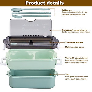 PUOENFGR Bento Lunch Box,Japanese-Style Large Capacity Double Layer stacking,Microwave Can Be Used,Comes with Three-Piece Cutlery Set,Adults Love It,Great for Camping,Work (Pink)