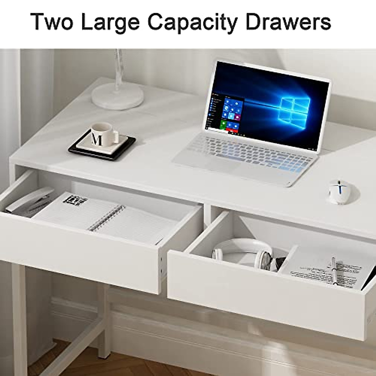 Treocho Computer Desk, Modern Simple 40 inch White Desk with 2 Drawers, Vanity Desk, Makeup Table for Home Office, Bedroom