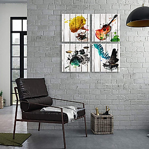 4 Pieces Music Canvas Wall Art Guitar Piano Phonograph and Drum Set Paintings Prints Wooden Style Gift for Music Lover Wall Decor for Music Studio Living Room Bedroom Home decor Framed Ready to Hang
