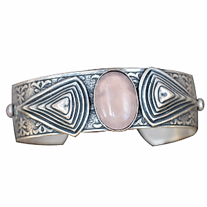 Elaine Coyne Collectible Artwear Antique Silver Brass Art Deco Cuff Bracelet with Rose Quartz Cabochons