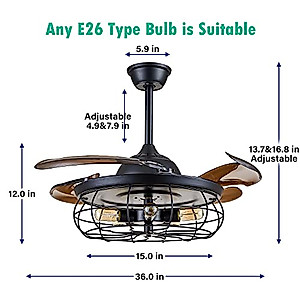 DuMaiWay 36" Caged Ceiling Fan with Lights, Industrial Retro Ceiling Fans with Remote Controller Vintage Style for Farmhouse/Living Room/Bedroom/Restaurant 5 Lights 4 Fan Blades Black