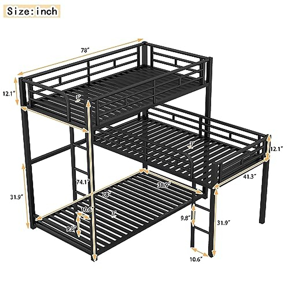 Twin Bunk Bed, Black Twin Bed L-Shaped Metal Triple Bed Frame for Kids and Toddlers, Non-Slip and Noise-Free