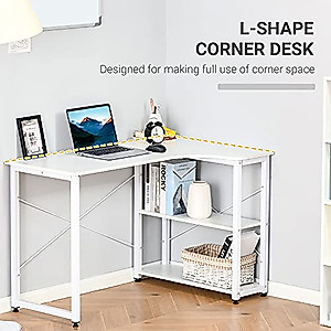 HOMCOM Industrial L-Shaped Computer Desk with 2 Side Shelves and Steel Frame, Corner Desk, Study Workstation for Home Office, White