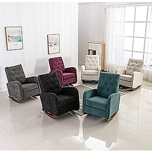 Modern Accent Rocking Chair, Upholstered Nursery Glider Rocker for Baby and Kids, Comfy Armchair with Side Pocket, Living Room Lounge Arm Chair, High Backrest with Decorative Buttons, Light Grey