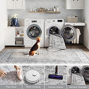 jinchan Washable Area Rug 4x6 Low Pile Bedroom Rug Indoor - Grey Floral Print Stain Resistant Boho Carpet Distressed Vintage - Ultra-Thin Non-Slip Rug Accent Rug Living Room Dining Room