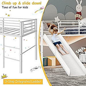 Giantex Twin Loft Bed with Slide, Metal Low Bunk Bed w/Safety Guardrails & Built-in Ladder, Toddler Bed Floor Frame for Boys & Girls, No Box Spring Needed (White)