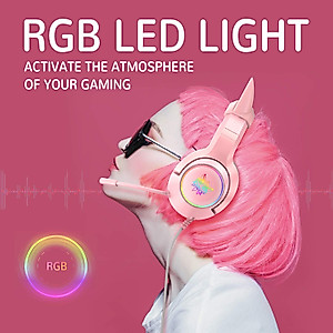 SIMGAL Pink Gaming Headset with Removable Cat Ears, Compatible with PC PS4 PS5 Xbox One(Adapter Not Included) Mobile Phones, with Surround Sound, RGB Backlight & Noise Canceling Retractable Microphone