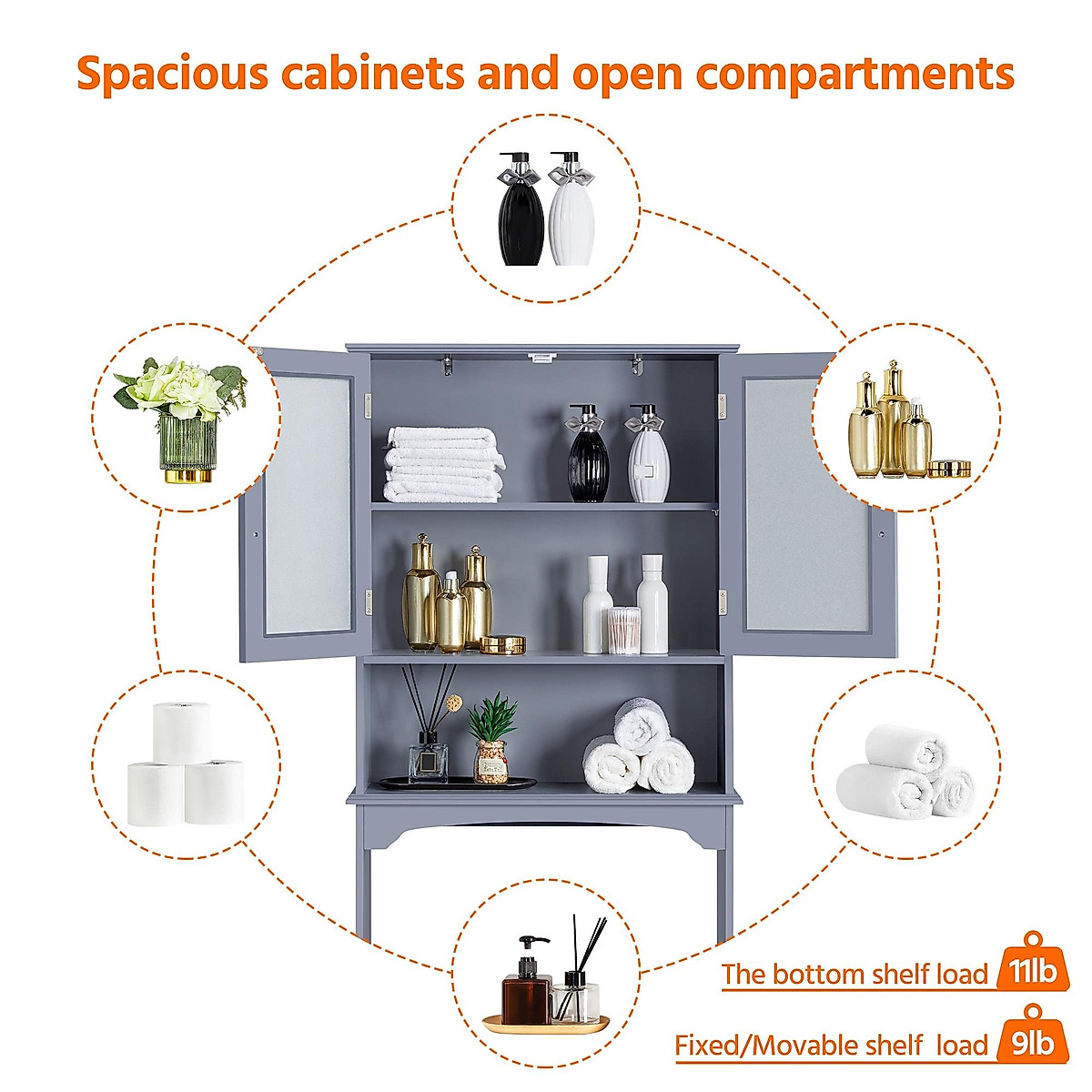 Yaheetech Over The Toilet Storage Cabinet, Free Standing Toilet Rack with Adjustable Shelves and Tempered Glass Doors for Bathroom Washroom, Grey