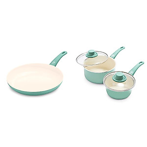 GreenLife Soft Grip Healthy Ceramic Nonstick 12" Frying Pan Skillet and 1QT and 2QT Saucepan Pot Set with Lids, PFAS-Free, Dishwasher Safe