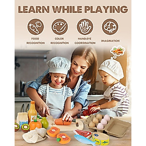 Lehoo Castle Wooden Play Food Sets for Kids Kitchen, Food Toys for Toddlers 3+ Year Old, with Shopping Bag, Pretend Food Play Kitchen Cutting Fruits Vegetables Toys, Gift for Boys Girls