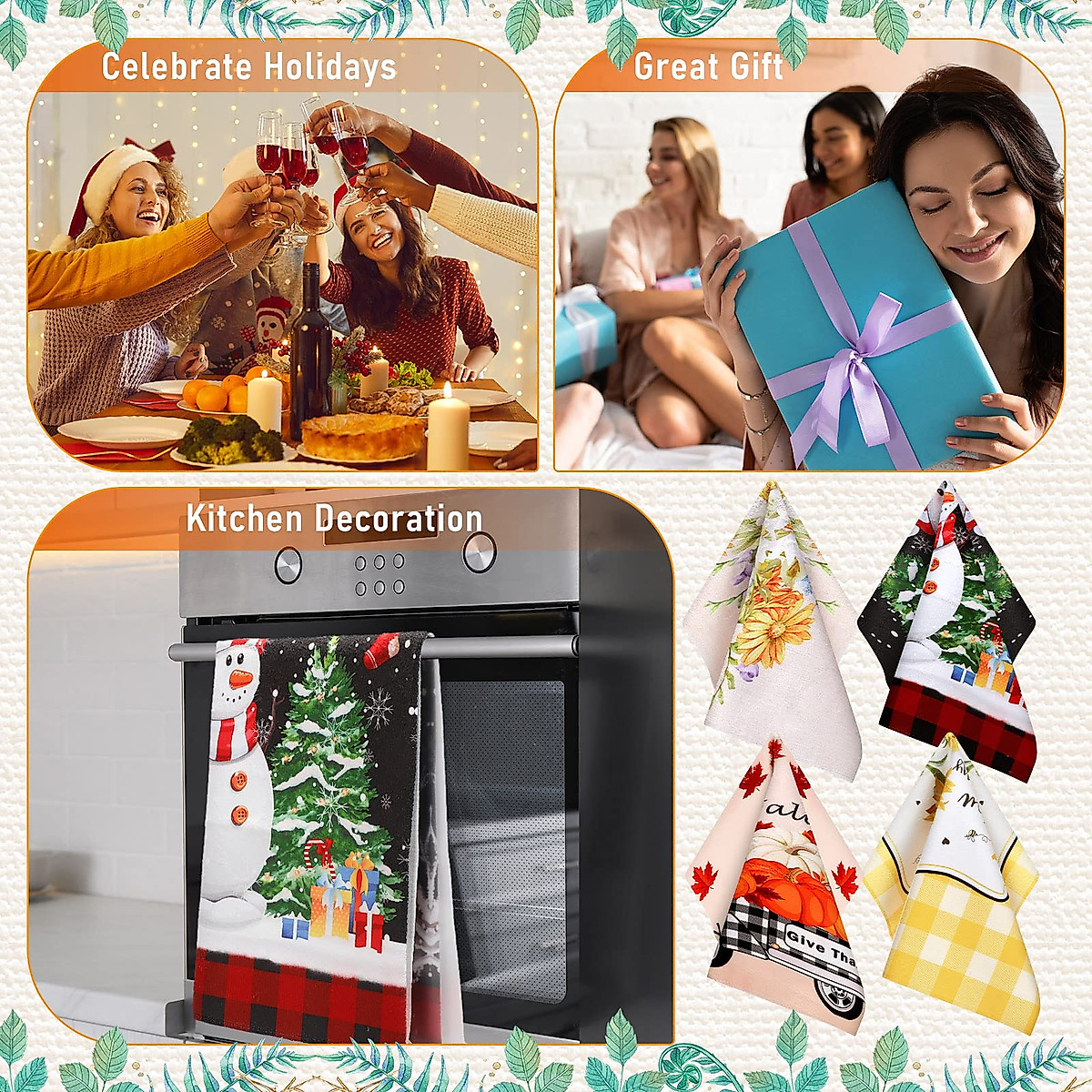 Batiyeer 4 Pcs Seasonal Holiday Kitchen Towels Valentine's Day Gifts for Woman Spring Daisy Sunflower Dish Towels Fall Snowman Towel for Holidays Harvest Thanksgiving Autumn Holiday Gift