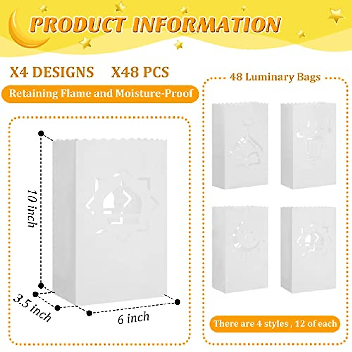 48 Pcs Eid White Luminary Bags Ramadan Mubarak Decoration Flame Resistant Bags Islamic Star Moon Reusable Luminary Paper Bags for Home Eid Party Wedding Birthday Decorations (Lights Not Included)