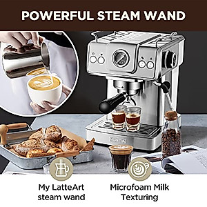Neretva 20 Bar Espresso Machine, Expresso Coffee Machine With Milk Foaming Steam Wand, Espresso Latter and Cappuccino Maker, 1.8L Water Tank, For Home Barista