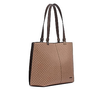 Calvin Klein Women's Granite Geometric Tote Bag – Vegan Leather, Monogram, 3 Pockets, Khaki/Brown/Java, One Size
