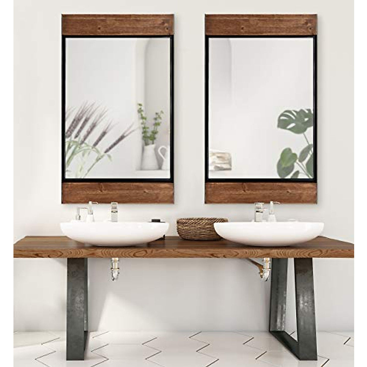 Kate and Laurel Kincaid Farmhouse Wood and Metal Framed Mirror, 20 x 36, Rustic Brown and Black, Chic Rectangle Mirror for Wall