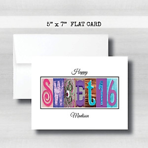 Sweet 16 Happy Birthday Card, 5" x 7" FLAT CARD, Personalized Greeting Cards