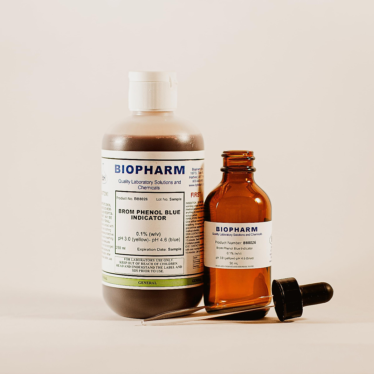 Bromophenol Blue Indicator 0.1% (w/v) Aqueous Solution — 250 mL (8.4 fl oz) — Includes an Empty 50 mL Dropper Bottle and Dispensing Cap — pH 3.0 (Yellow)- pH 4.6 (Blue)