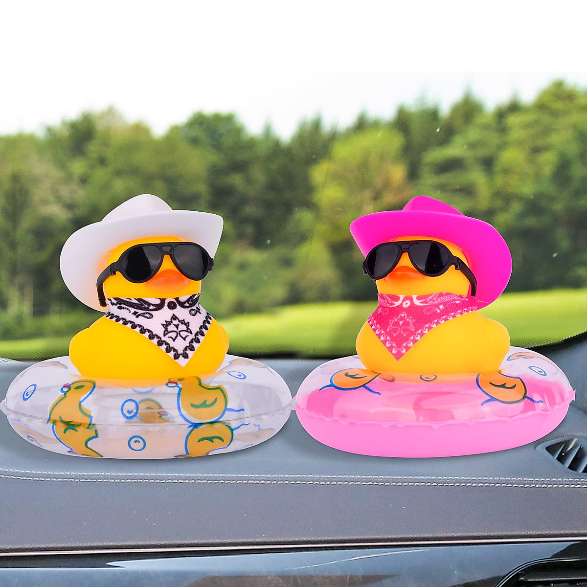 MuMyer Yellow Duck Car Ornaments Rubber Duck Car Dashboard Decorations with Mini Sunglasses Cowboy Hat Scarf Swim Ring(Pink)