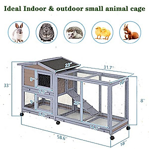 Rabbit Cage Rabbit Hutch Guinea Pig Cage Large Indoor Outdoor Bunny Hutch with Wheels Removable Tray Lockable Doors Waterproof Roof for Small to Medium Animals (Grey)