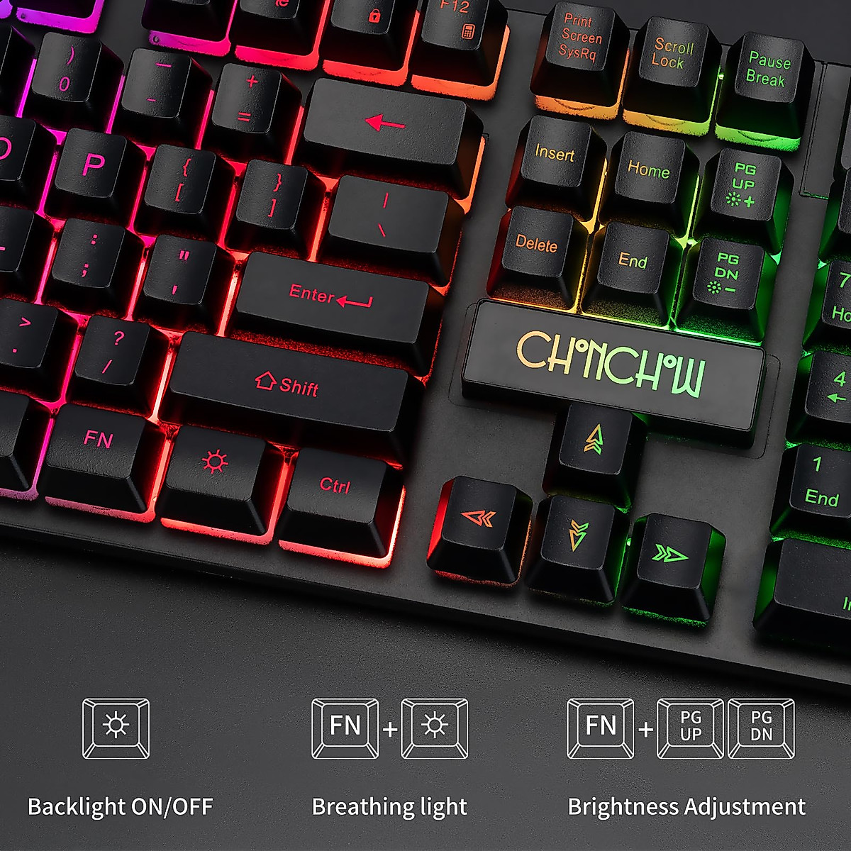 CHONCHOW Gaming Keyboard and Mouse Led USB Wired with Light Up Key 3600DPI 2 Side Button Mouse Keyboard Rainbow Backlit Mechanical Feeling Compatible with PC Mac Xbox Ps4 Ps5 with Mousepad