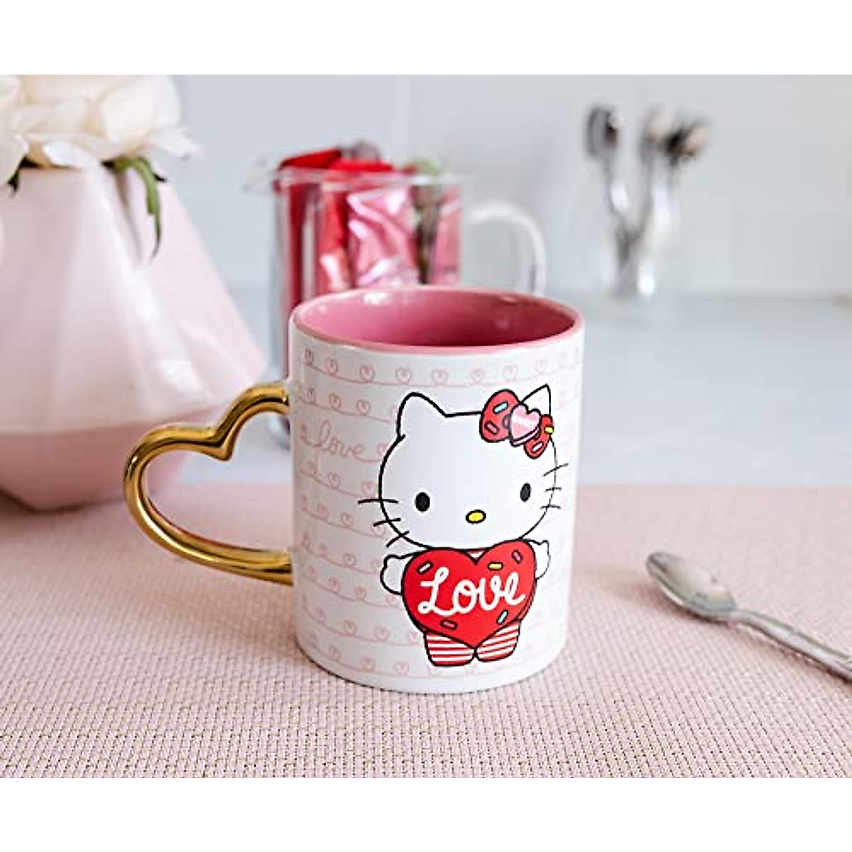 Sanrio Hello Kitty Love Heart-Shaped Handle Ceramic Mug | Large Coffee Cup For Espresso, Caffeine, Beverages, Home & Kitchen Essentials | Cute Valentine's Day Gifts and Collectibles | Holds 14 Ounces