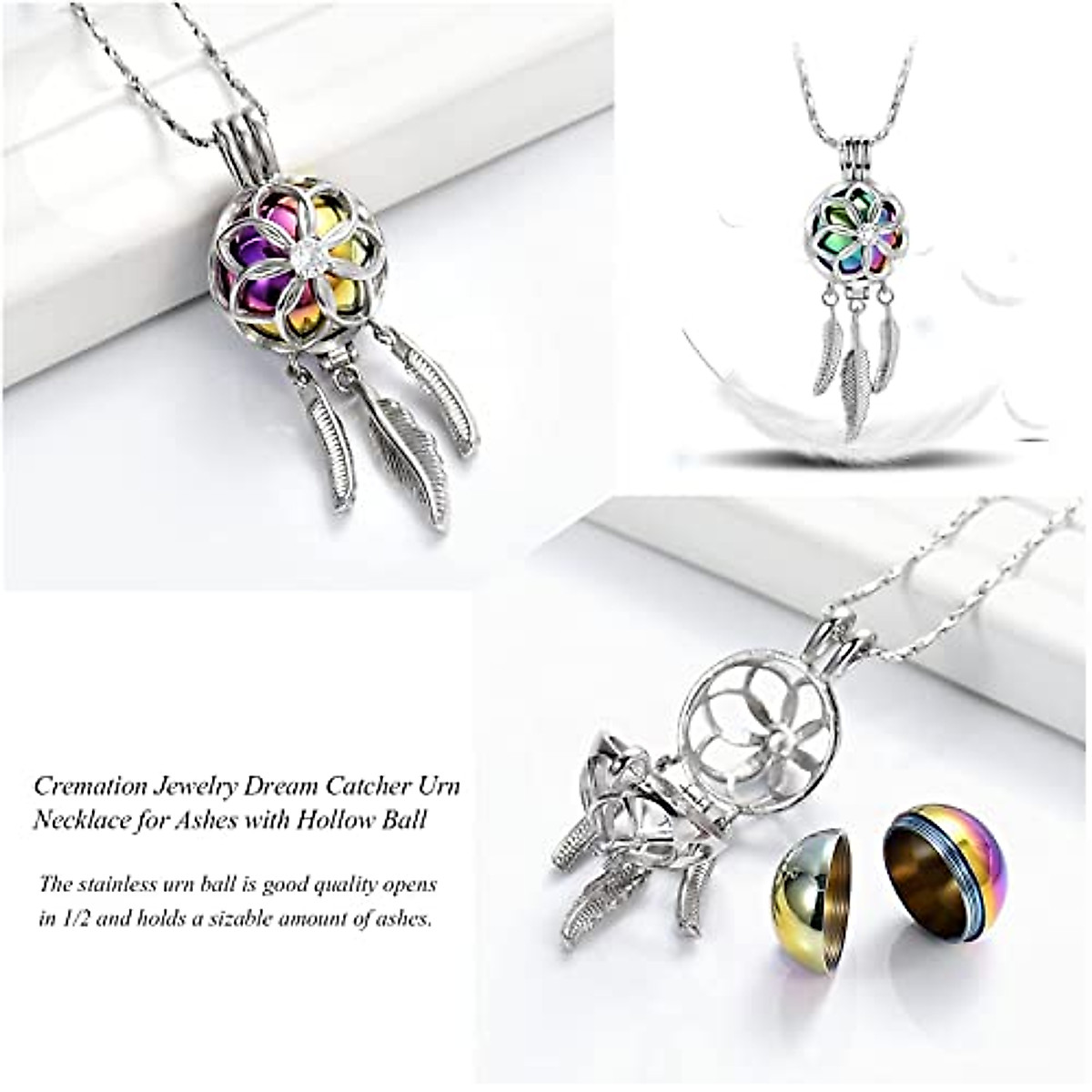 Imrsanl 2pcs Set Cremation Urn Pendant Necklace with Hollow Cylinder Vial Keepsake Dream Catcher Urn Cremation Jewelry Memorial Lockets for Ashes for Women Men - Colorful