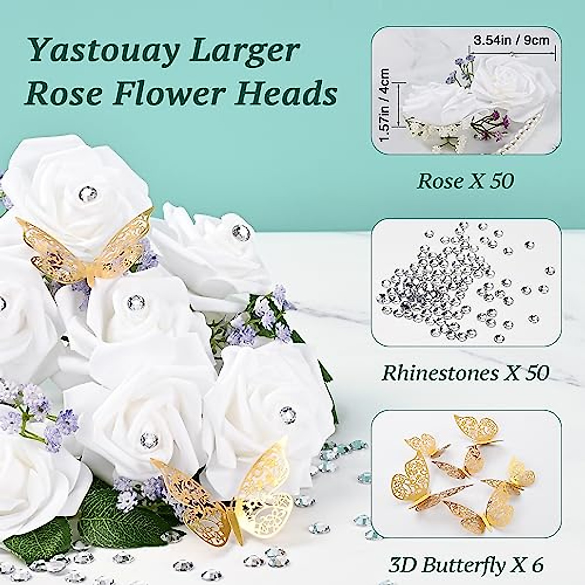 Yastouay 50Pcs 3.5inch Foam Rose Heads White Artificial Flowers Bulk Fake Foam Roses Stemless with Rhinestones & Butterfly for DIY, Baby Bridal Shower Cake Home Wedding Decor