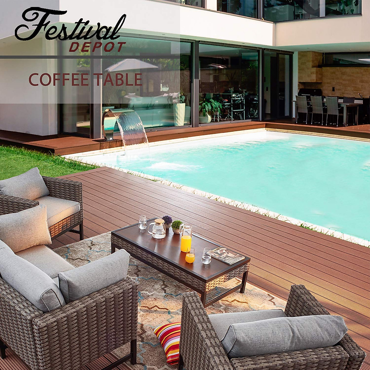 Festival Depot Patio Table Rattan Woven Wicker Coffee Table with Aluminum Tabletop All Weather Outdoor Furniture for Backyard Porch Garden (H Shaped Leg),Brown