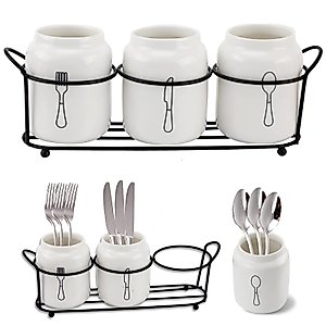 4 Piece Silverware Holder for Organizer Countertop White Ceramic Silverware Caddy with Black Metal Rack, Fork Spoon Utensil Holder Flatware Organizers Cutlery Storage for Kitchen Tabletop Cabinet