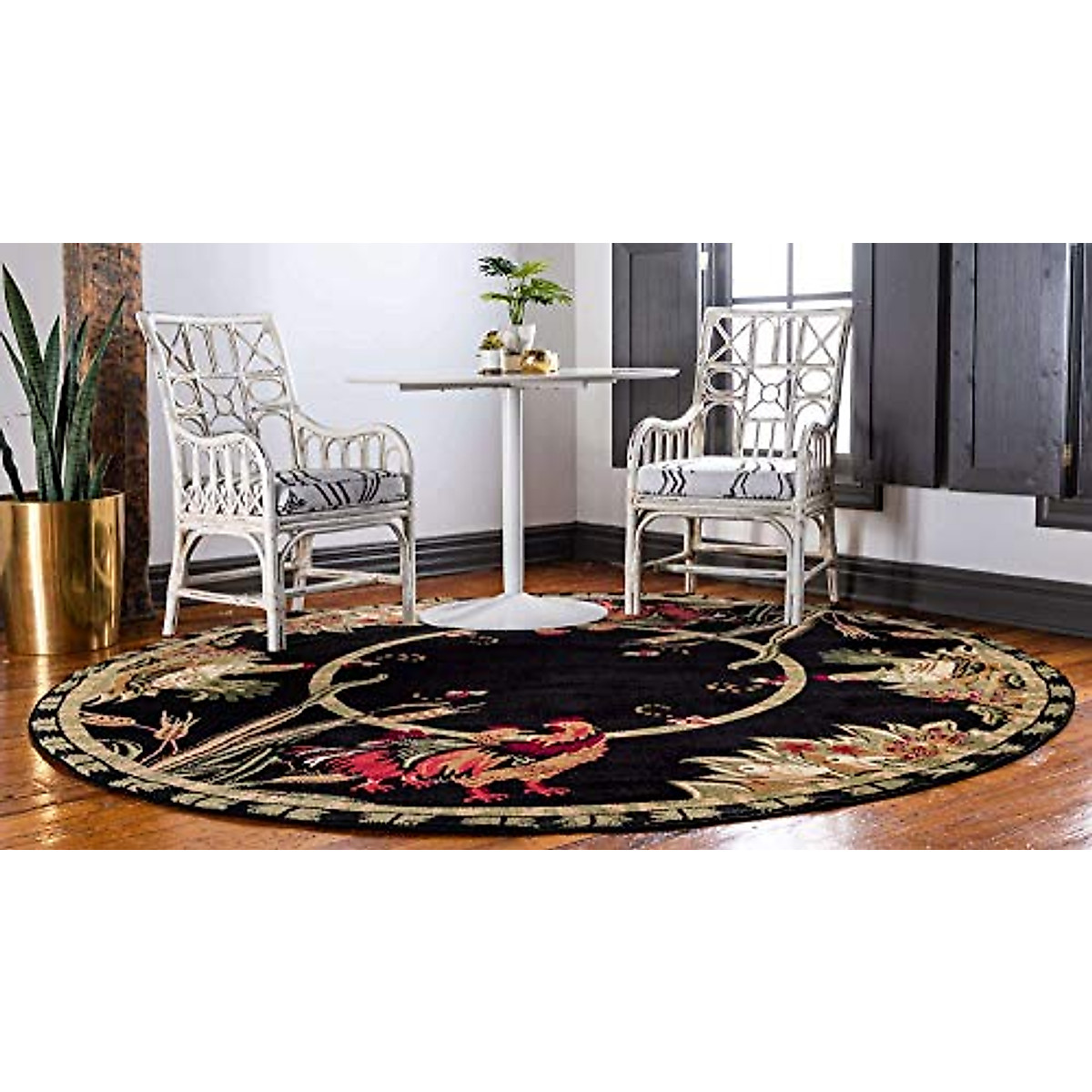 Unique Loom Barnyard Collection French Country Inspired Cottage Rooster Design Area Rug (5' 0 x 5' 0 Round, Black/Ivory)