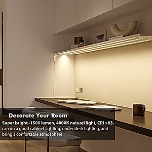 WOBANE Under Cabinet Lighting Kit, 6PCS 20inch LED Strip Bars with 24W Adapter,RF Remote,Super Bright Daylight for Kitchen Cabinet,Under Desk,Counter Lighting,4000K Natural White,1500 Lumen,Dimmable