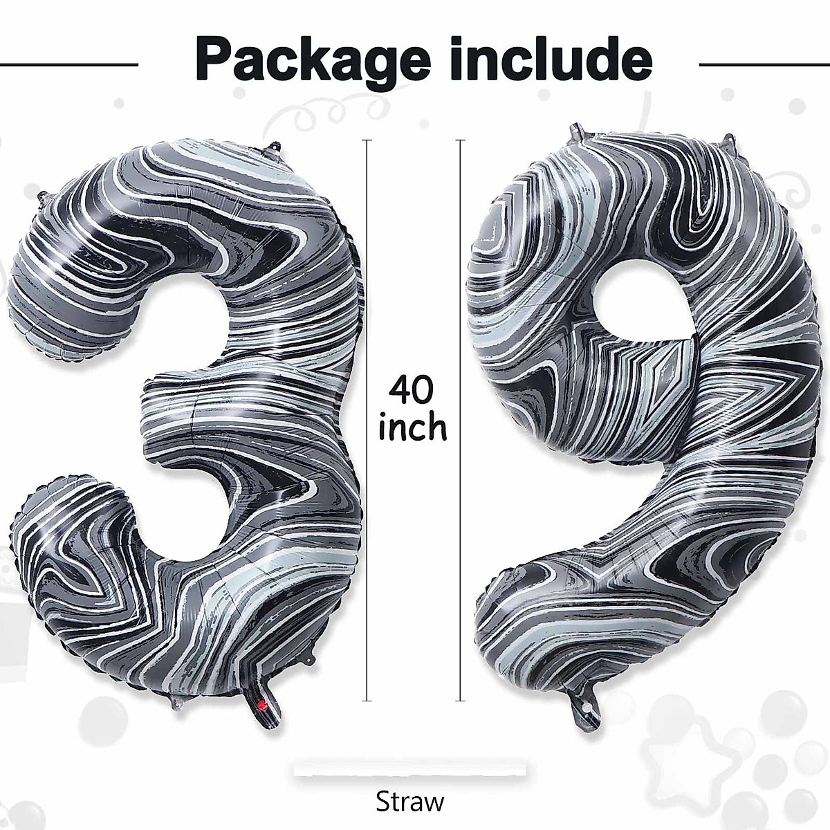 39 Balloon Number, 40 Inch Black Marble Foil Balloons Giant Jumbo Helium Number 39 Balloons for 39th Birthday Decorations Anniversary Events Boys Girls Party Decorations(Black Marble Agate)