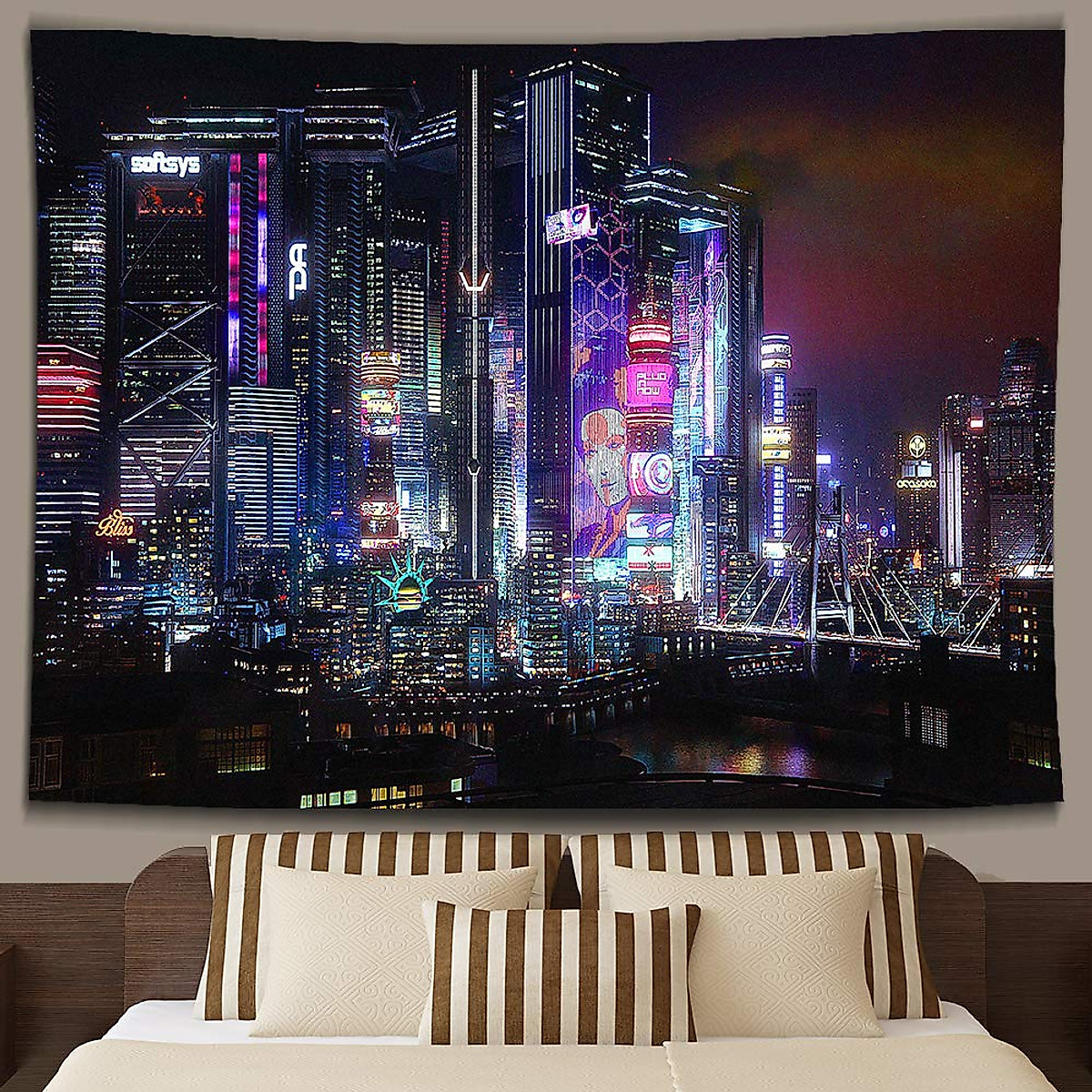 Ine Ive City Night View Tapestry, Neon Urban Building River View Art Tapestry Wall Hanging 80x60 Inch Living Room Dorm Decoration Aesthetic Tapestry GTZFIE1197