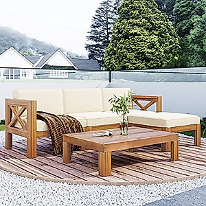Quarte 5 Piece Outdoor Acacia Wood Sofa Set, X-Back Frames Design, Sectional Sofa Seating Group Set with Cushions