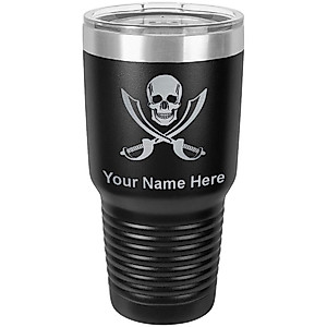 LaserGram 30oz Vacuum Insulated Tumbler Mug, Jolly Roger, Personalized Engraving Included (Black)