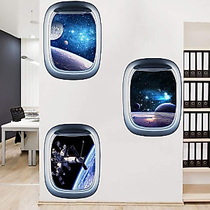HERRA 3D Planet Universe Galaxy Outer Space Wall Decal Spacecraft Astronaut Wall Stickers, Peel and Stick Removable Space Capsule Window Wall Stickers Wall Mural for Bedroom Living Room Kids Room