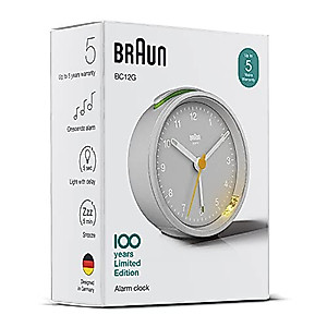 Braun Classic Analogue Alarm Clock with Snooze and Light, Quiet Quartz Movement, Crescendo Beep Alarm in Grey, Model BC12G.