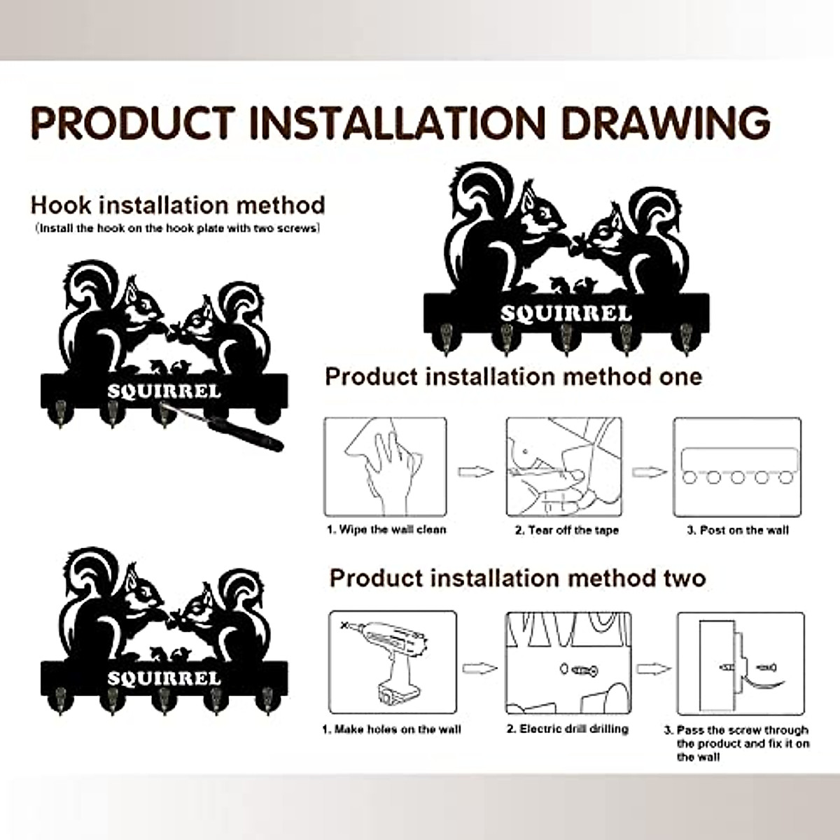 KingLive Squirrel Wall Mounted Key Rack, Key Hooks Wall Hanger Home Room Decor for Children, with 5 Sturdy Key Hooks for Front Door, Entryway, Hallway, Farmhouse