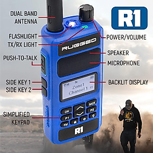 Rugged Two Way Handheld Radio Walkie Talkie for Business Schools Churches Construction - Features Long Range Dual Band VHF UHF and Rechargeable Battery (R1)