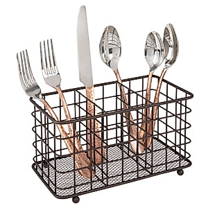 mDesign Farmhouse Modern Metal Wire Cutlery and Utensil Storage Organizer Bin for Kitchen, Pantry, Table and Countertop - Utensil Caddy Holds Forks, Knives, Spoons, Napkins - 3 Sections - Bronze