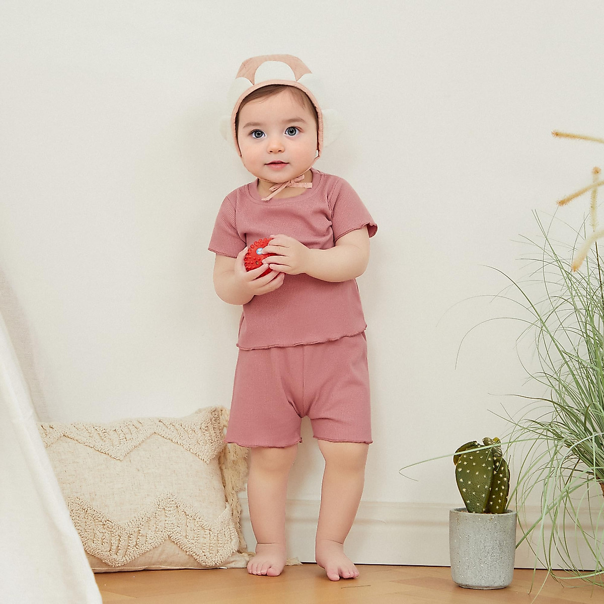 Kupretty 2Pcs Toddlers Baby Girls Summer Clothes Set Ruffle Ribbed Short Sleeves T-Shirt Tops Shorts Comfy Outfits (Pink, 18-24 Months)