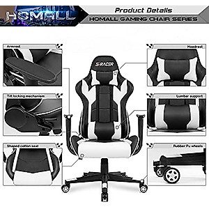 Homall Gaming Chair, Office Chair High Back Computer Chair Leather Desk Chair Racing Executive Ergonomic Adjustable Swivel Task Chair with Headrest and Lumbar Support (White)