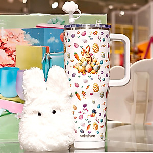 winiwo 40 oz Easter Tumbler with Handle and Straw, Easter Gifts for Kids, Rabbits Lover, Bunny Insulated Tumbler for Hiding Candy Chocolate Eggs, Stainless Steel, Available Gift Wrapping (White)